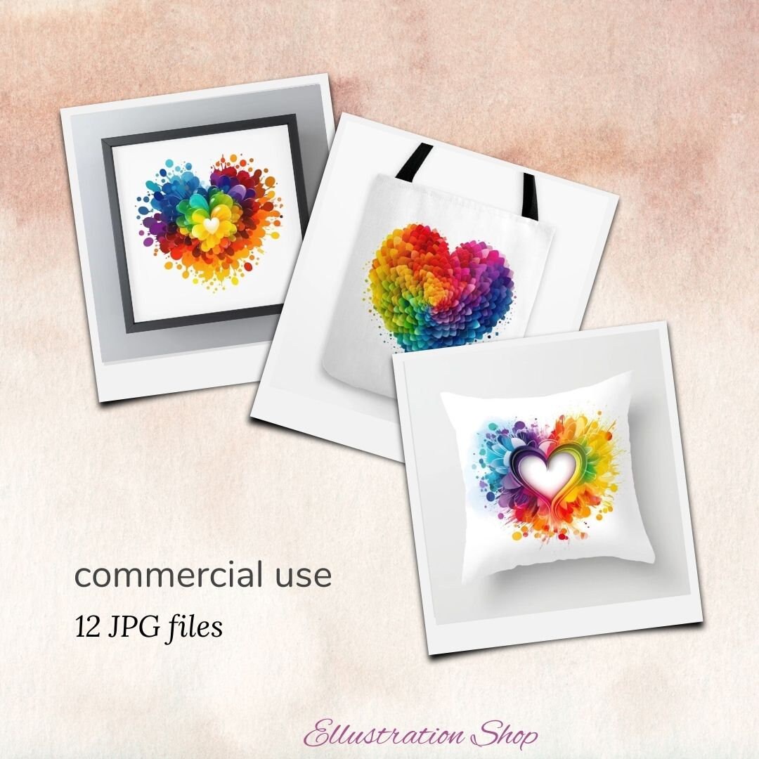 12 Rainbow Love Hearts - JPEG Files - Digital Paper - Commercial Use ...