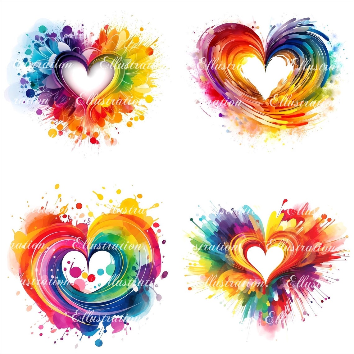 12 Rainbow Love Hearts JPEG Files Digital Paper Commercial Use Rainbow ...