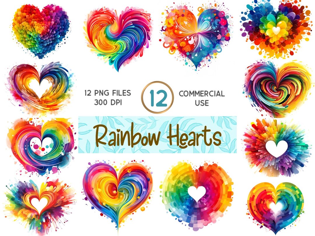 12 Happy Rainbow Love Hearts - PNG Files - Transparent Background ...