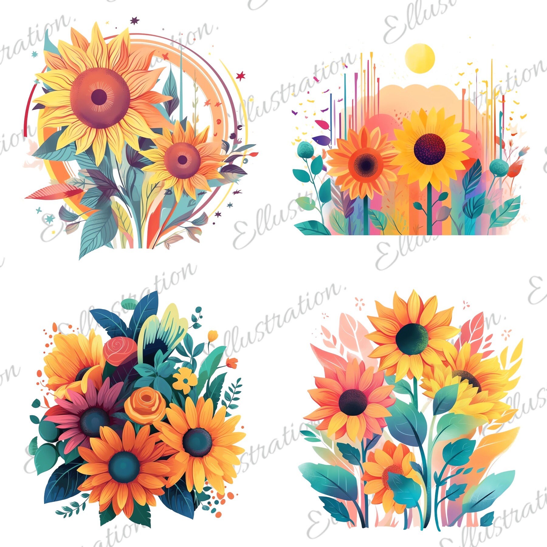 16 Sunflowers Clipart - PNG Files - Transparent BG - Commercial Use - T ...