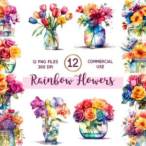 12 Rainbow Flowers Clipart - PNG Files - Transparent BG - Commercial ...
