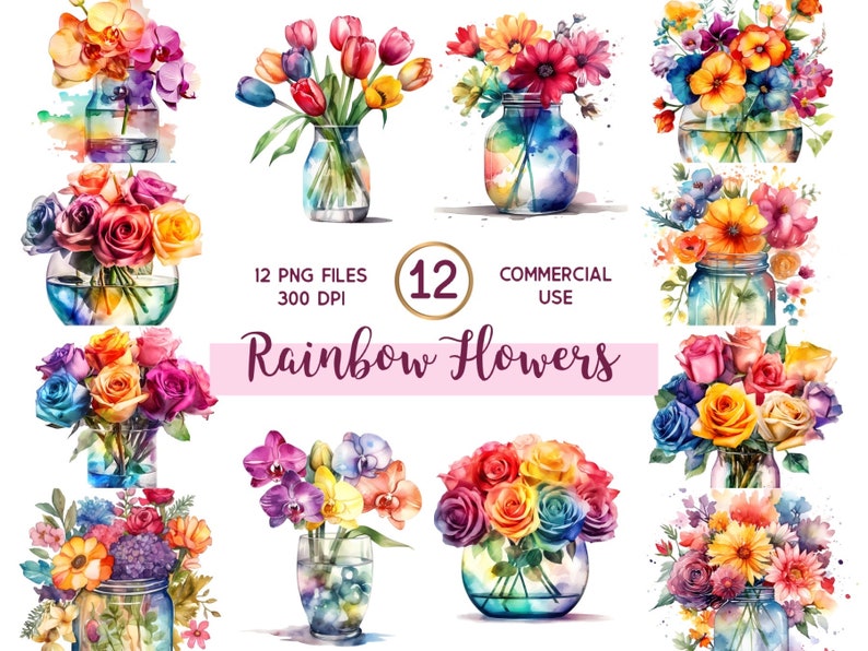 12 Rainbow Flowers Clipart - PNG Files - Transparent BG - Commercial ...