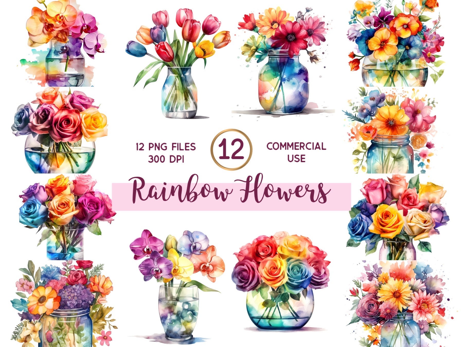 12 Rainbow Flowers Clipart - PNG Files - Transparent BG - Commercial ...
