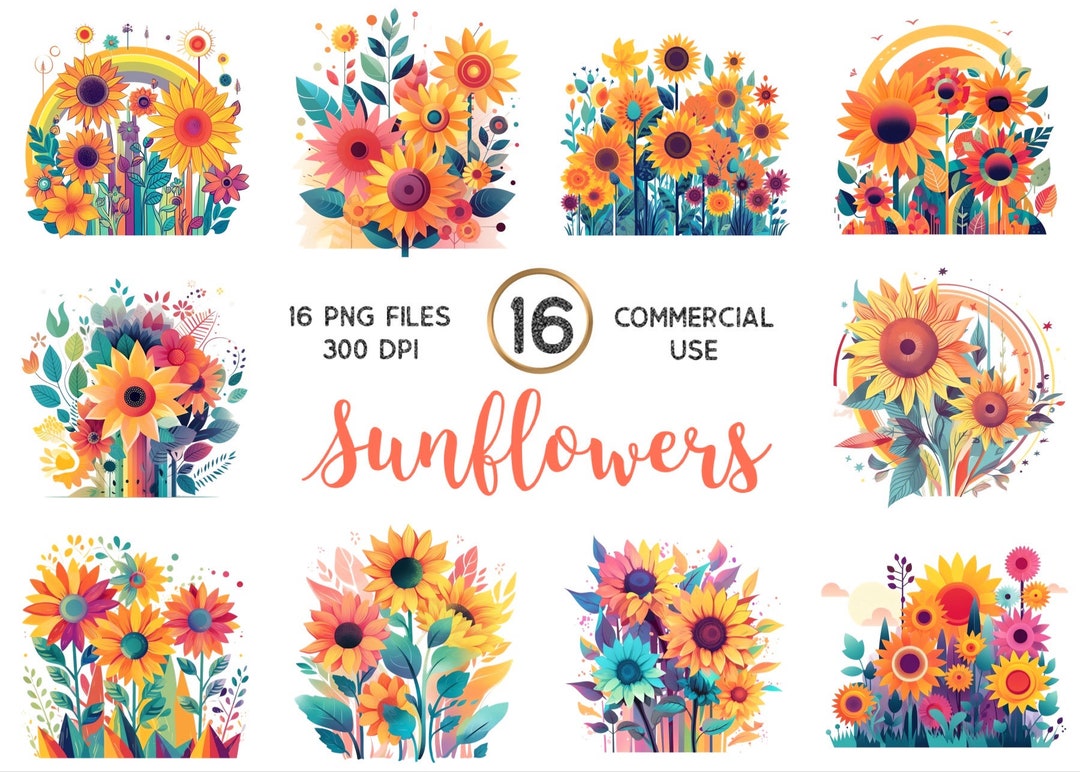 16 Sunflowers Clipart - PNG Files - Transparent BG - Commercial Use - T ...