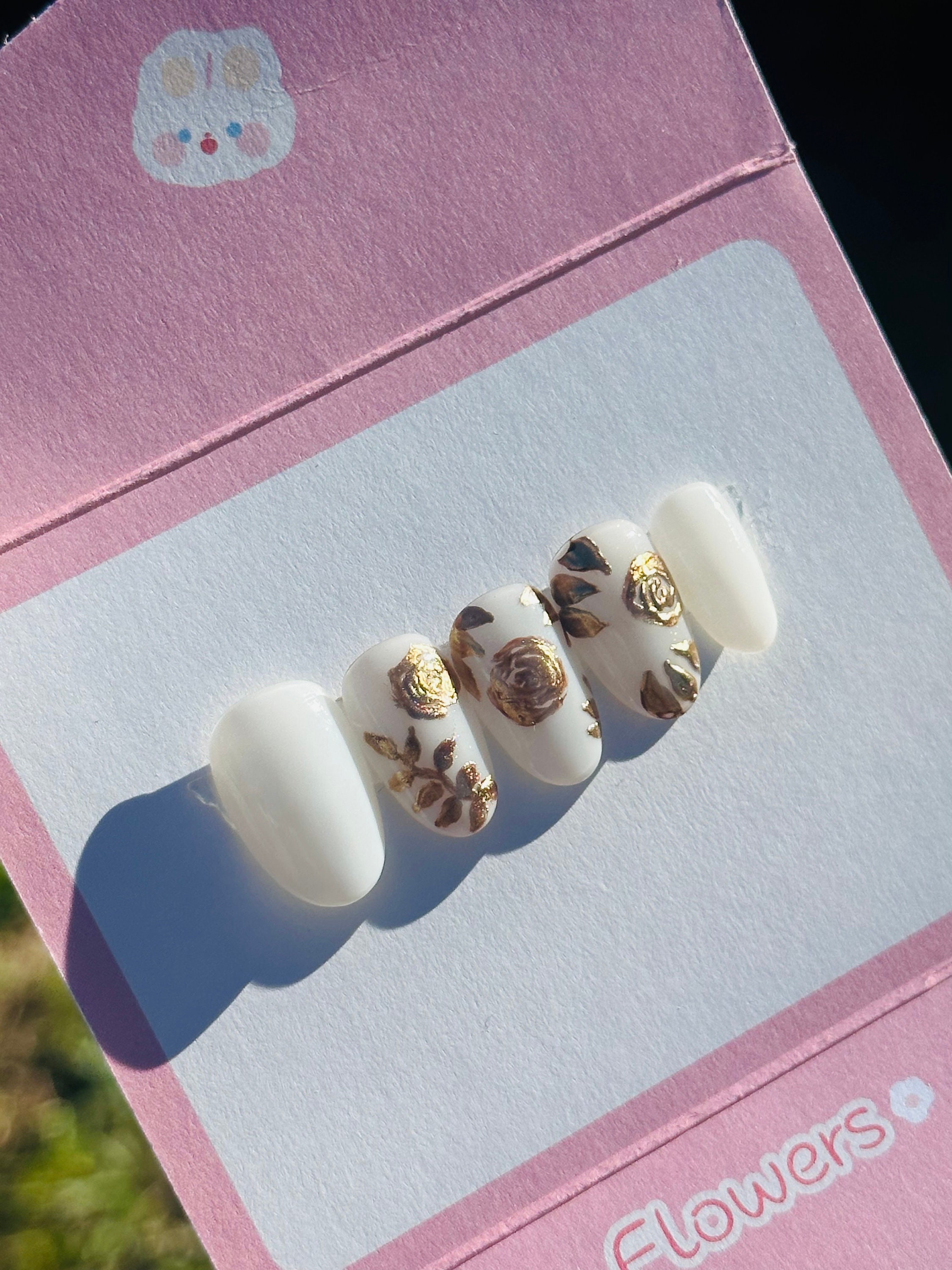 Golden Rose Milky White Nails With Gold Chrome Roses - Etsy