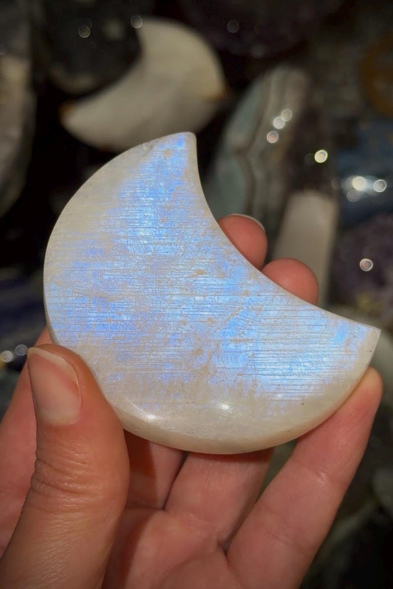 High Quality Blue Flash White Moonstone Crescent Moon on Gold Stand ...