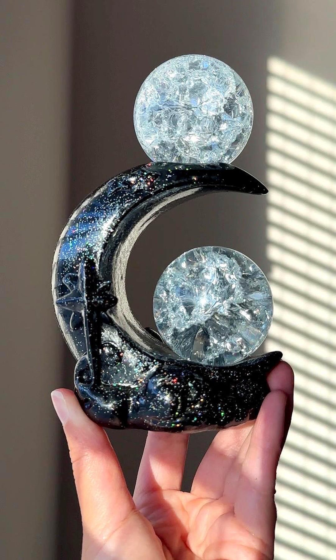Crescent Moon Crystal Sphere Display Stand Ball Base Egg Holder | Black ...