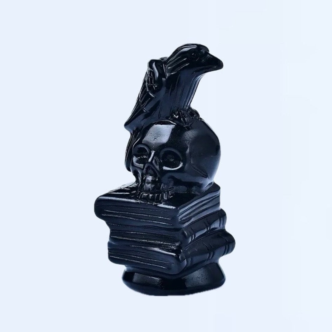 Black Obsidian Raven on Skull Crystal Figurine | Crow Statuette ...