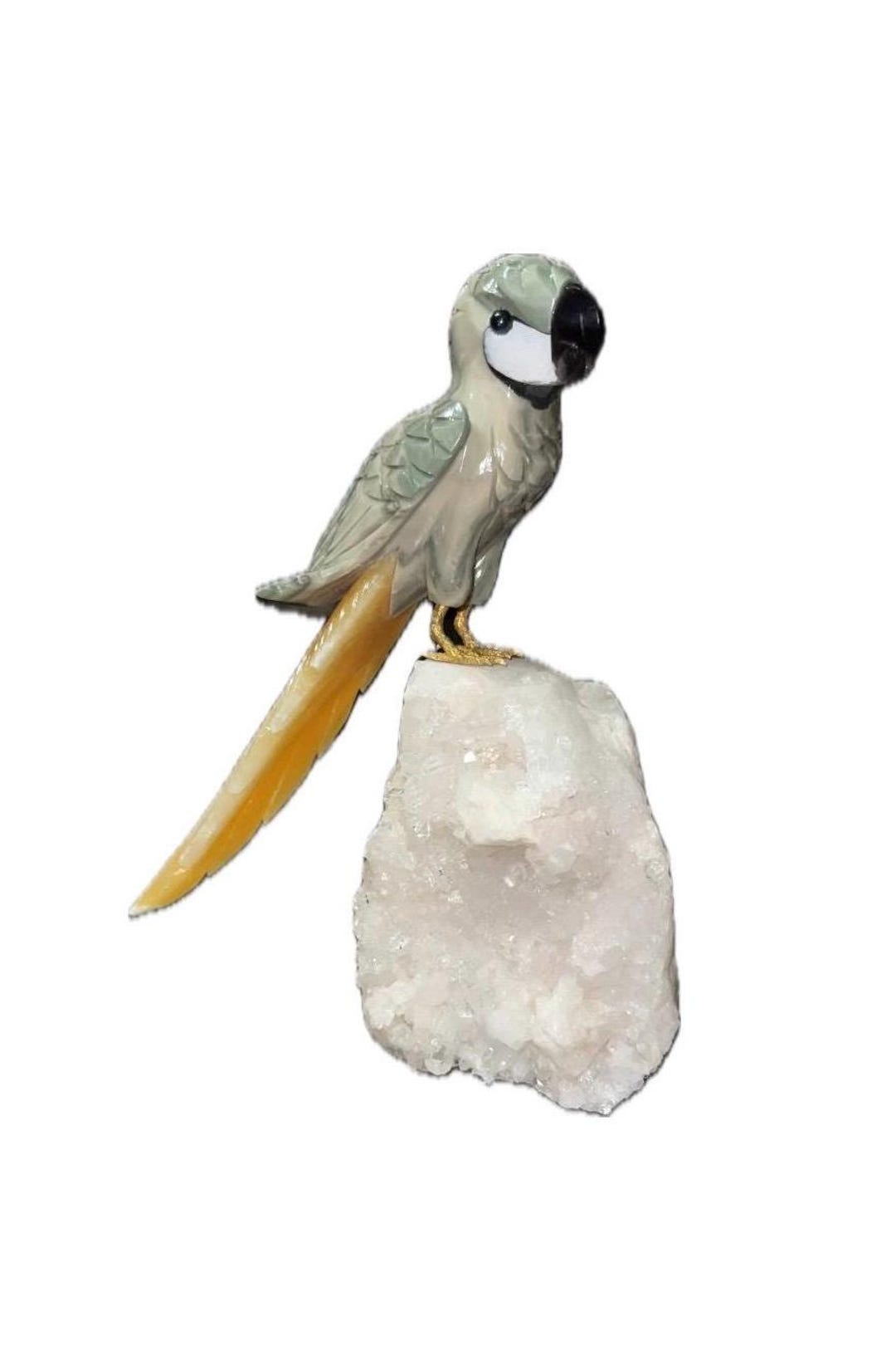 3.5lb 8.5” Green Lace Jasper Parrot Parakeet Carving: White Quartz Base ...