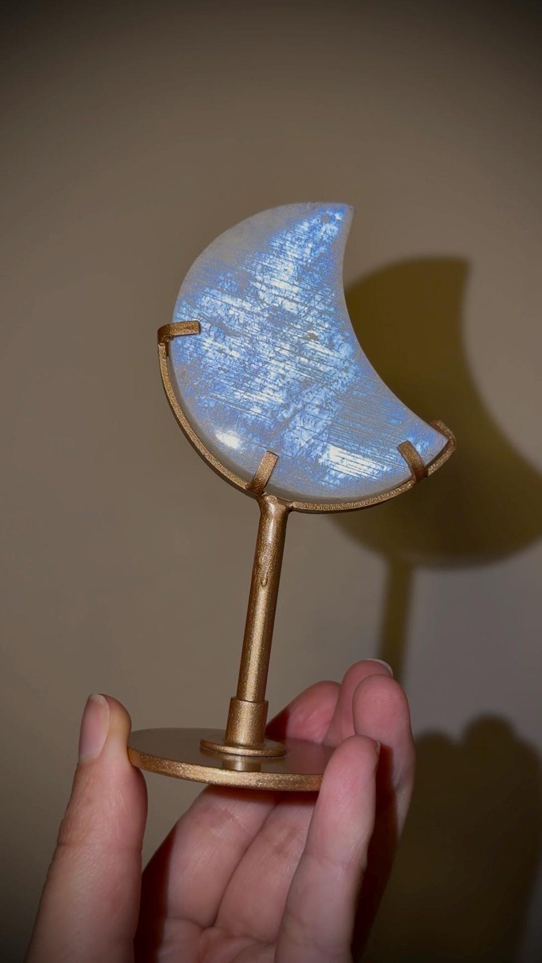 High Quality Blue Flash White Moonstone Crescent Moon on Gold Stand ...