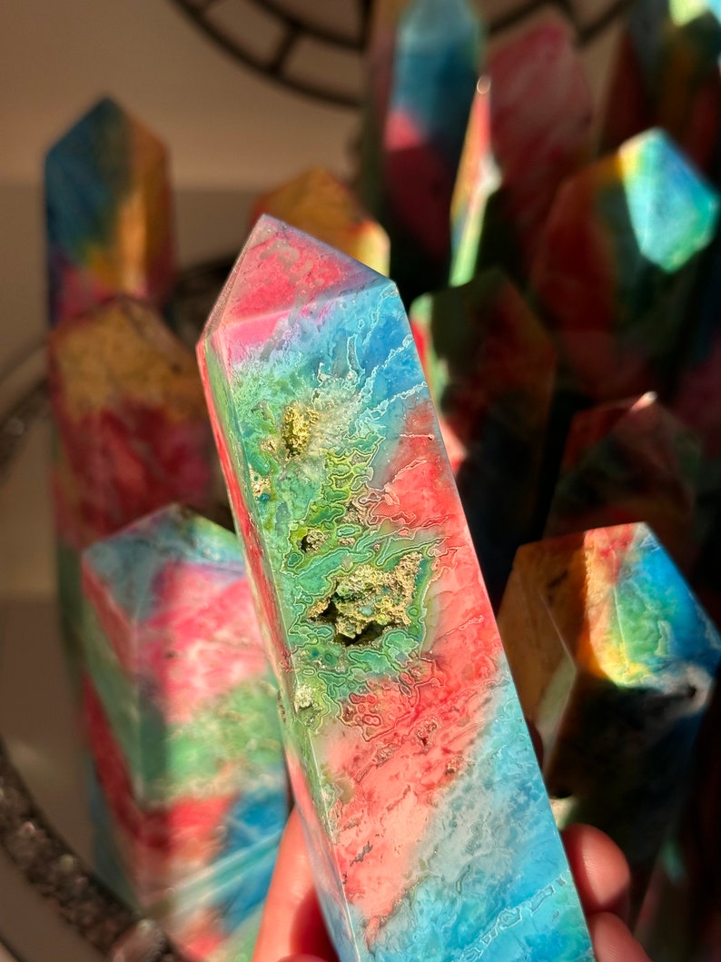 Rainbow Crystal Tower Color-enhanced Snow Agate Plume Agate - Etsy