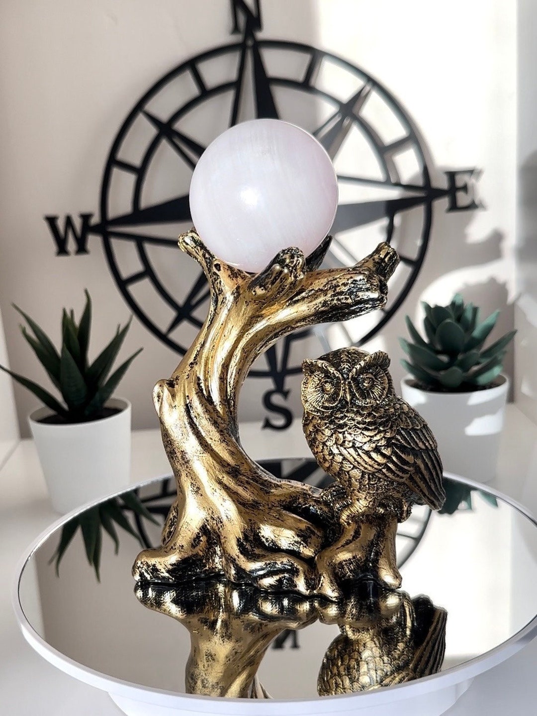Golden Owl Crystal Sphere Display Stand: Resin Tree Branch Gold Ball ...