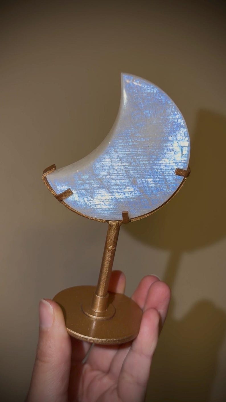 High Quality Blue Flash White Moonstone Crescent Moon on Gold Stand ...