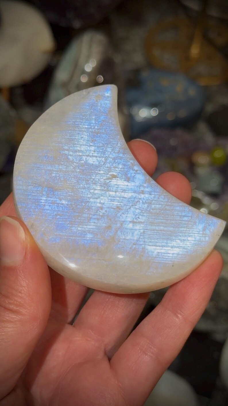 High Quality Blue Flash White Moonstone Crescent Moon on Gold Stand ...