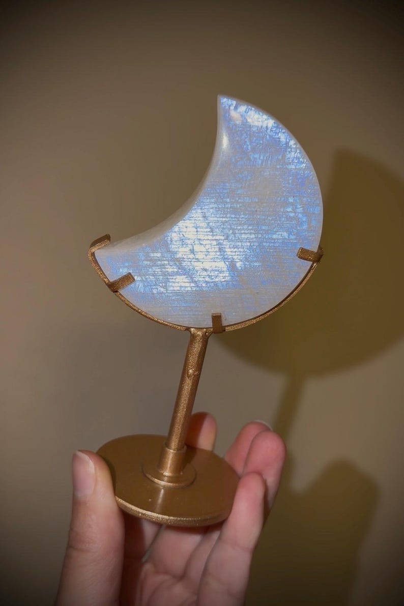 High Quality Blue Flash White Moonstone Crescent Moon on Gold Stand ...