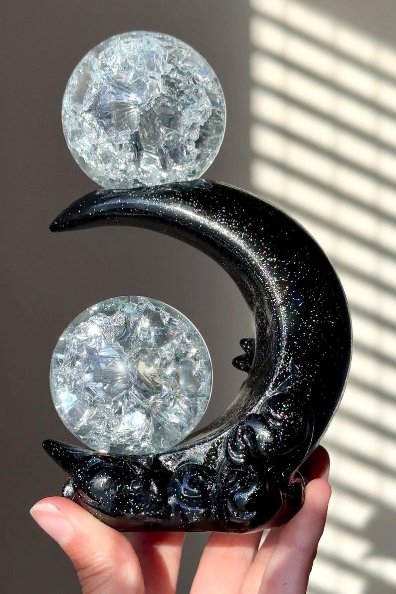 Crescent Moon Crystal Sphere Display Stand Ball Base Egg Holder | Black ...