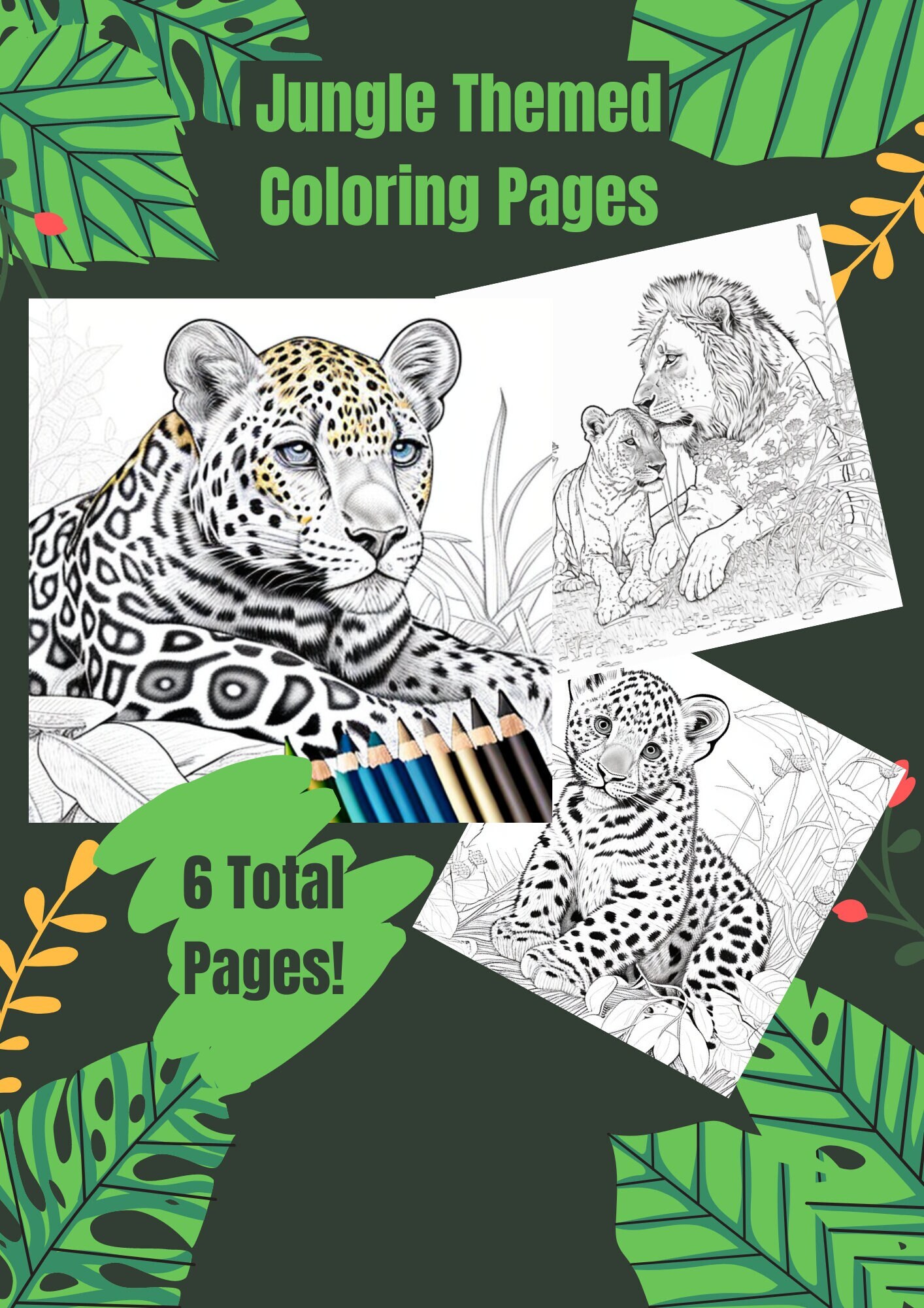 6 Kids Coloring Pages, Digital Download, Printable, PNG, Animals ...