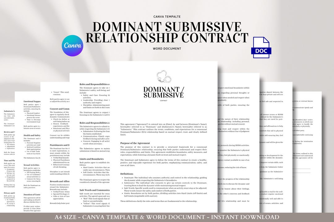 Dominant Submissive Relationship Contract Template Editable BDSM ...
