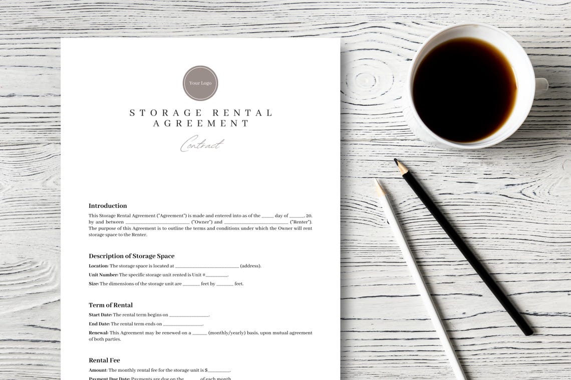 Storage Rental Agreement Template - Canva Editable Digital Download ...