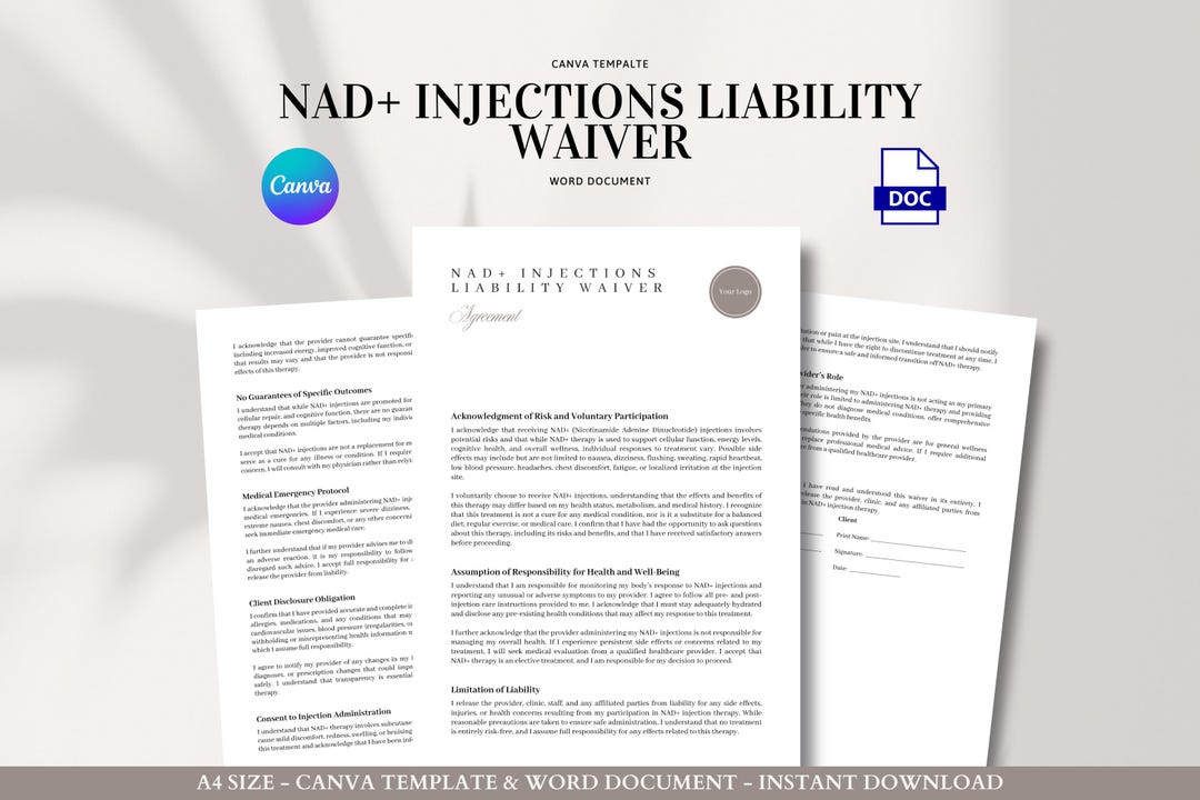 NAD+ Injections Liability Waiver Template Informed Consent for IV or IM Wellness Clinics, Side ...