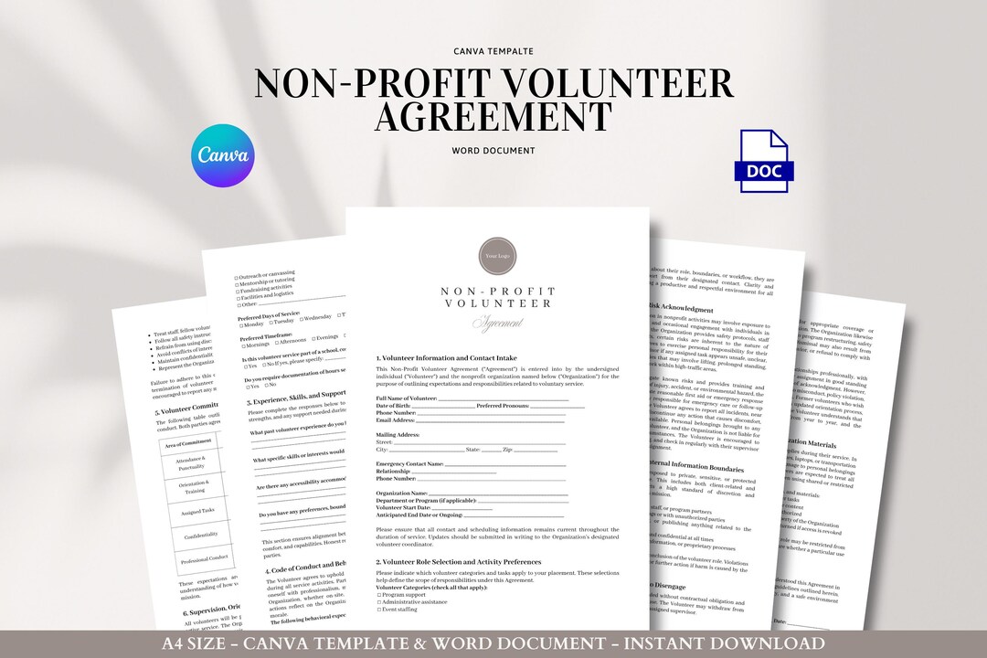 Volunteer Agreement Template for Non-profit Organizations, Community ...