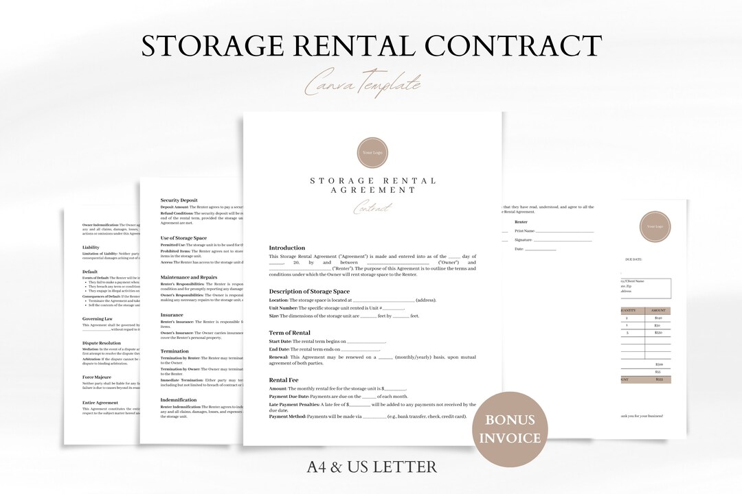 Storage Rental Agreement Template Digital Download A4 & US Letter - Etsy