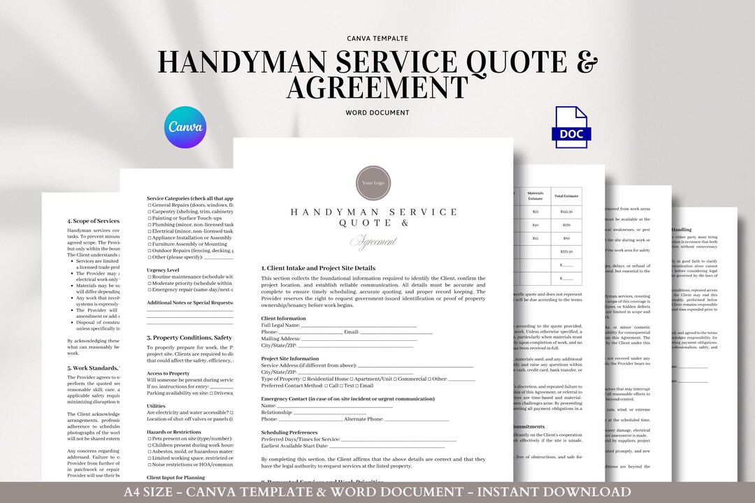 Handyman Service Quote and Agreement Template for Home Repairs ...