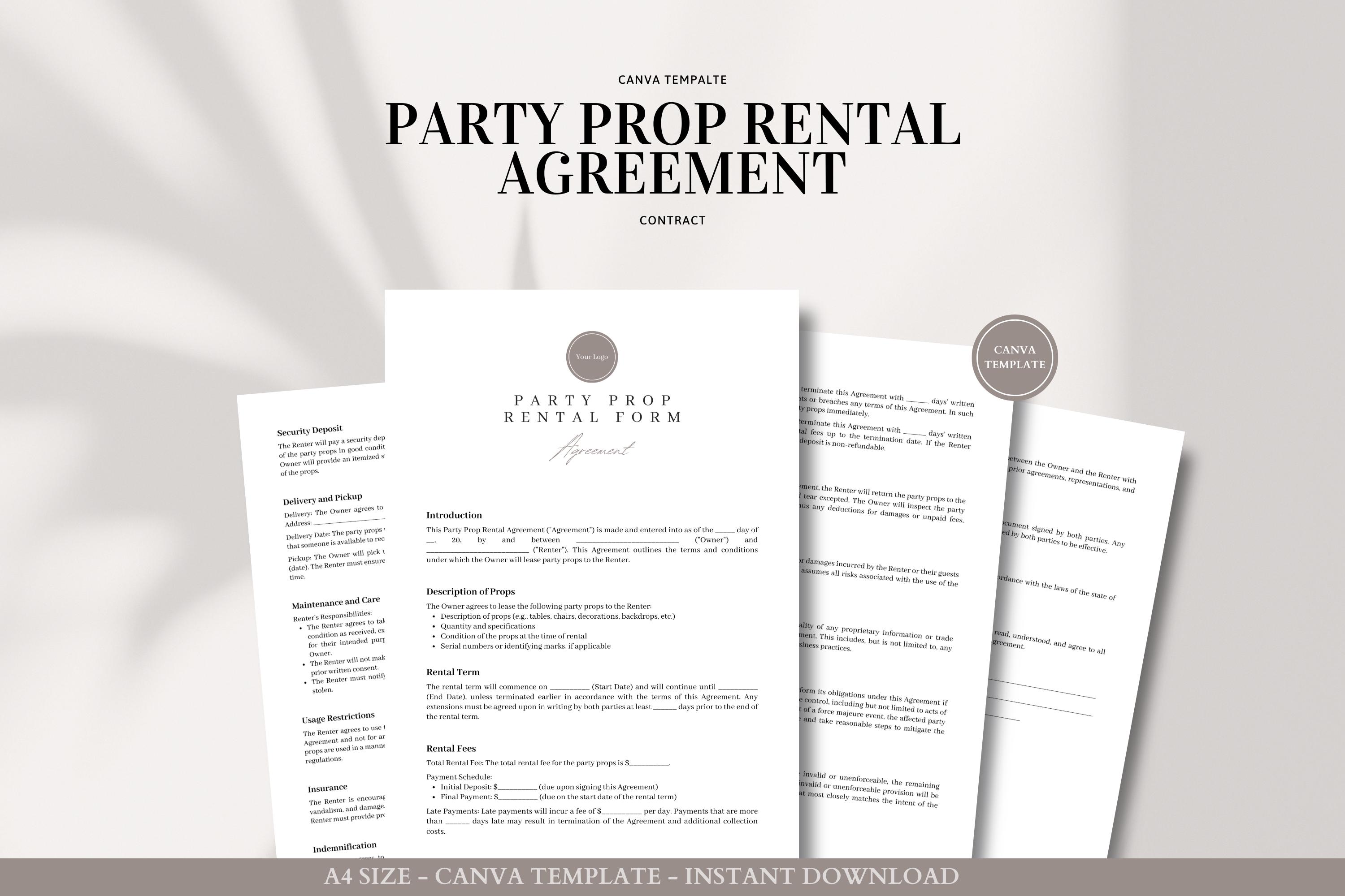 Party Prop Rental Agreement Canva Template | Professional Event Rental ...