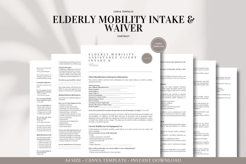 Elderly Mobility Intake & Waiver Template | Editable Word Document for ...