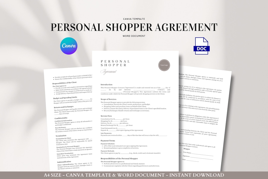 Personal Shopper Contract Editable Client Agreement Template for ...