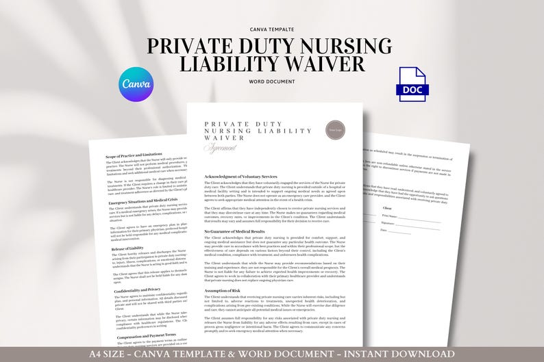 Private Duty Nursing Waiver Editable Liability Consent Form for in Home ...