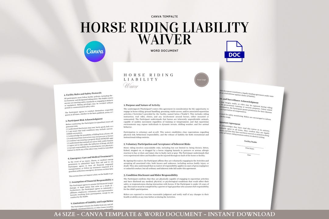 Horse Riding Liability Waiver Canva and Word Template for Stables ...