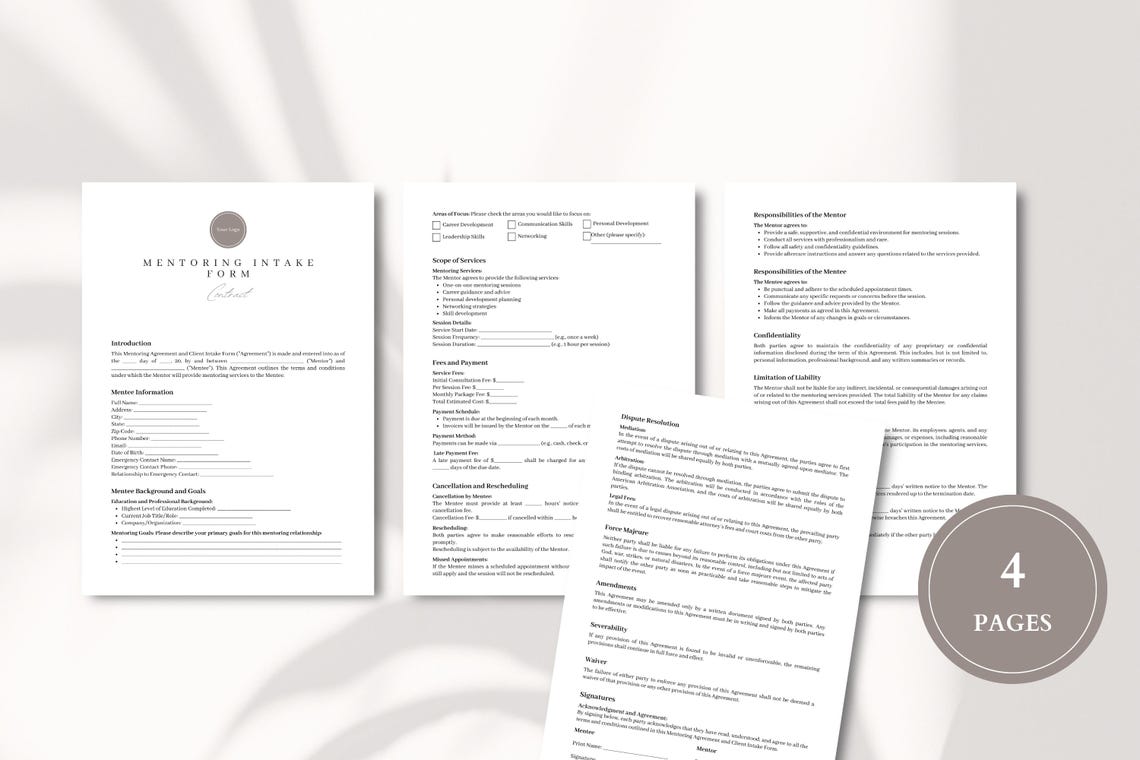 Mentoring Agreement and Client Intake Form Canva Template ...