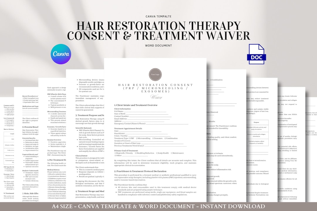 Hair Restoration Therapy Consent & Treatment Waiver Template | PRP ...