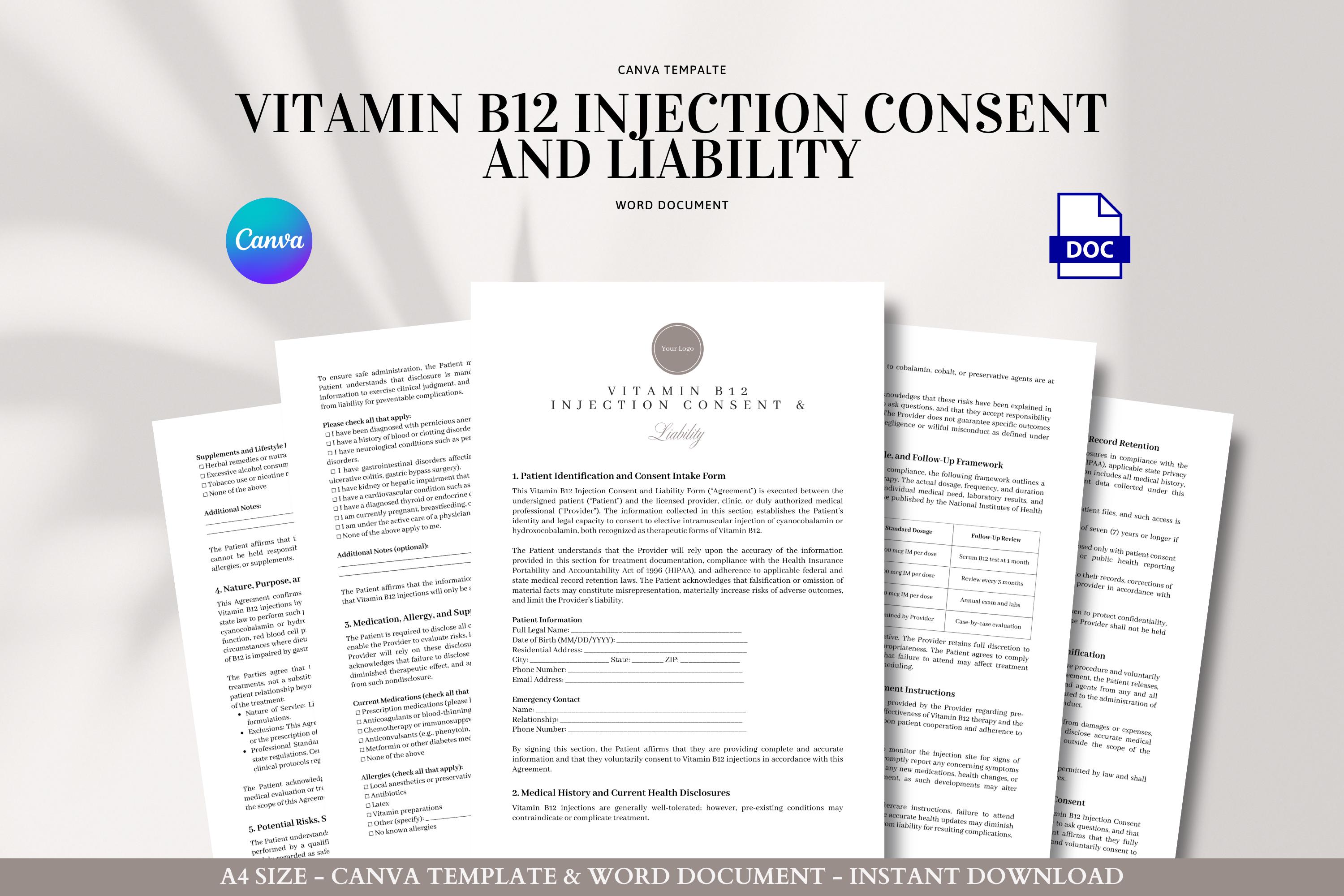 Vitamin B12 Injection Consent and Liability Waiver Form Template for Clinics, Med Spas, and ...