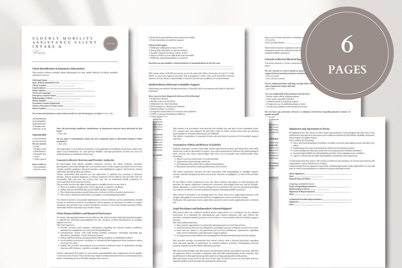 Elderly Mobility Intake & Waiver Template | Editable Word Document for ...