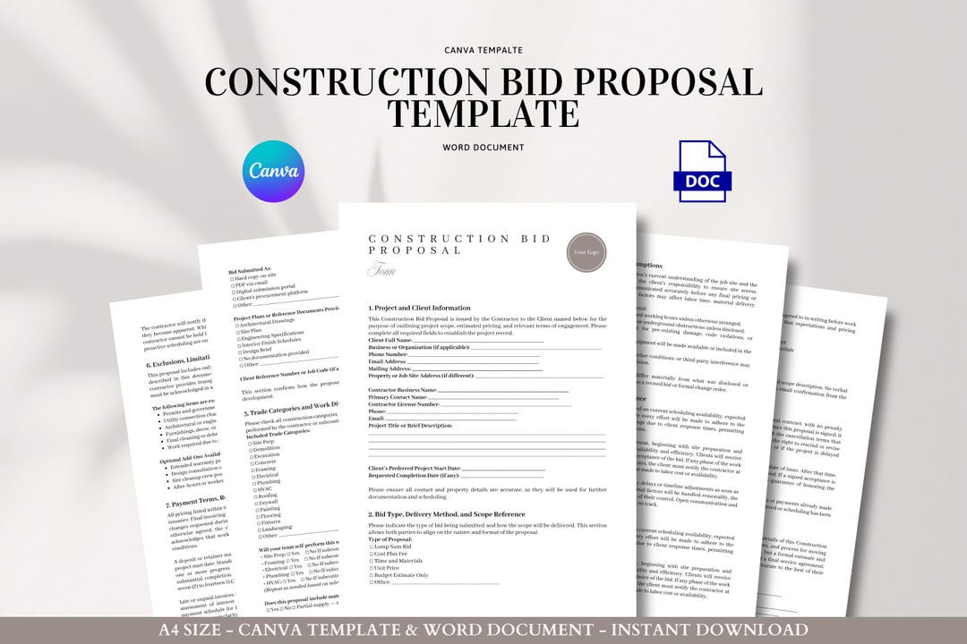Construction Bid Proposal Template Editable Estimate Form Job Scope ...