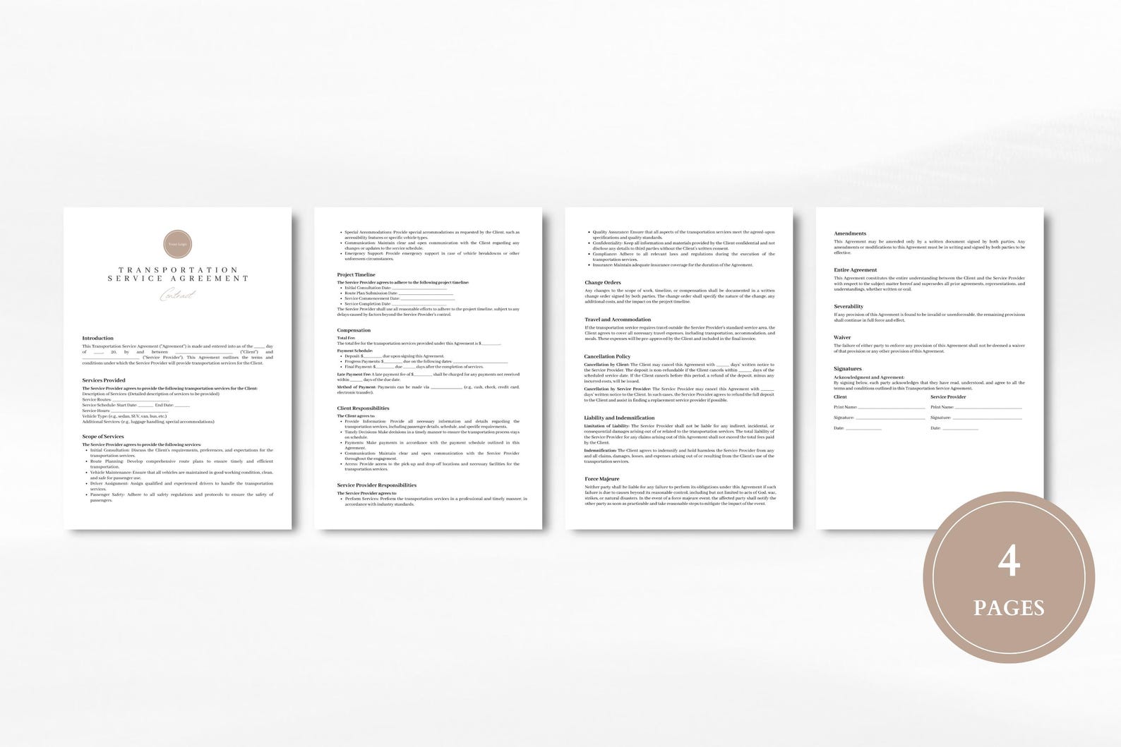 Transportation Service Agreement Template - Professional Contract for ...