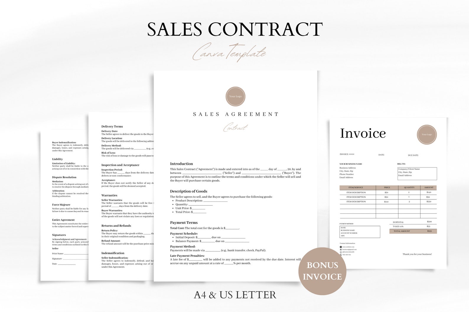 Sales Contract Template Digital Download Printable A4 & US Letter ...