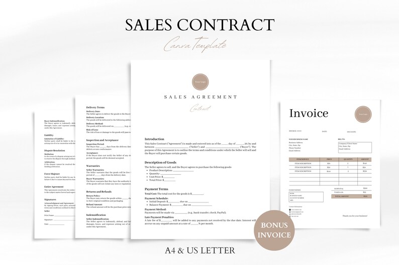 Sales Contract Template Digital Download Printable A4 & US Letter ...
