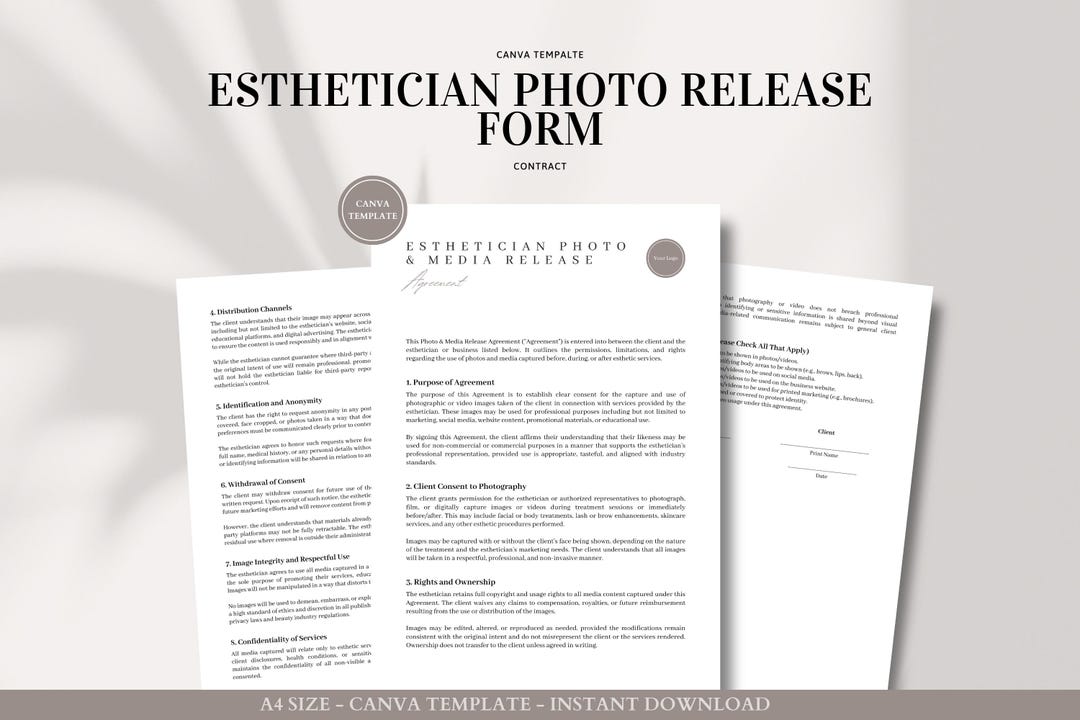 Esthetician Photo Release Form | Editable Client Media Consent ...