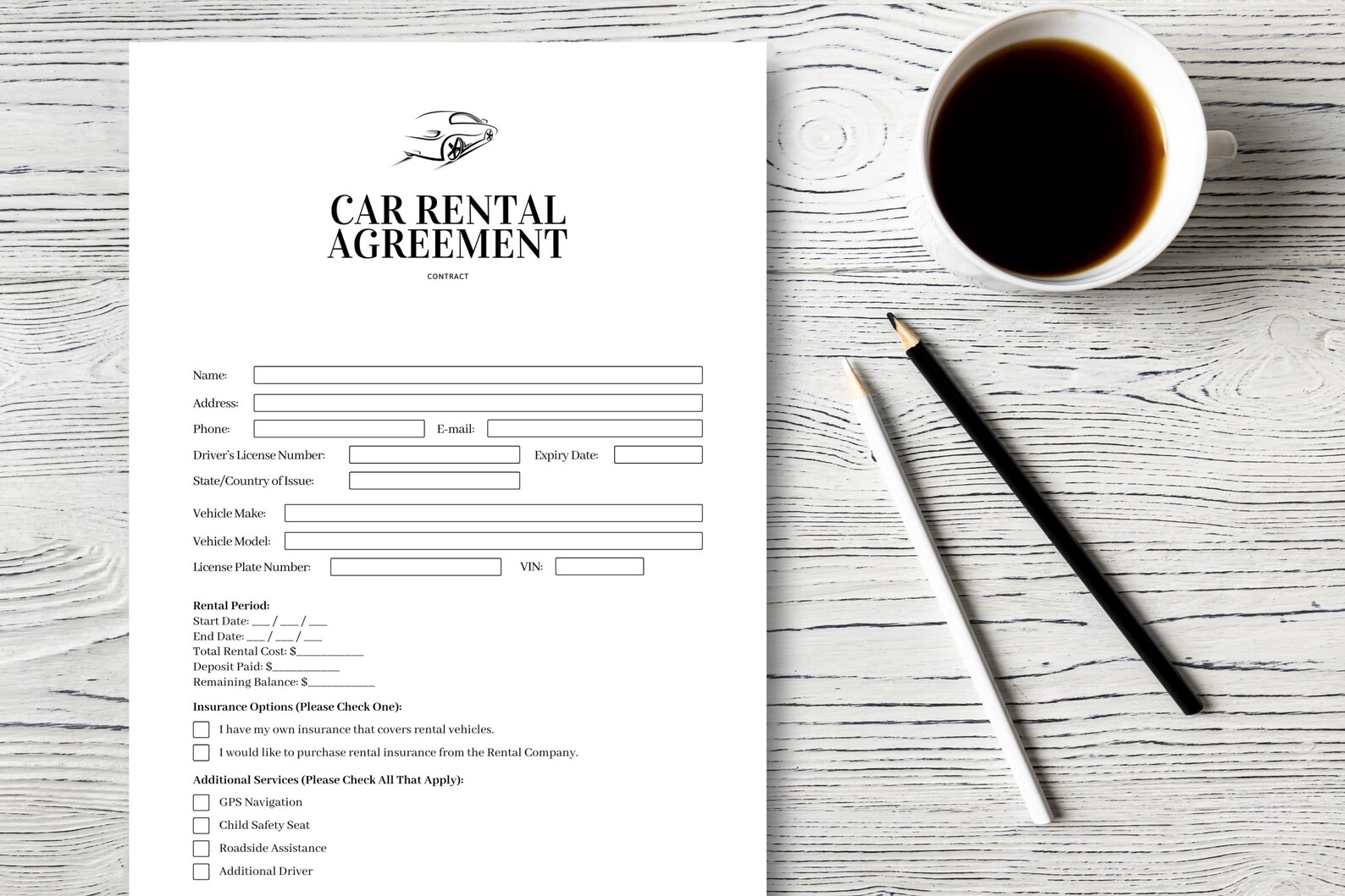 Complete Car Rental Agreement Template | Editable Vehicle Hire Contract ...