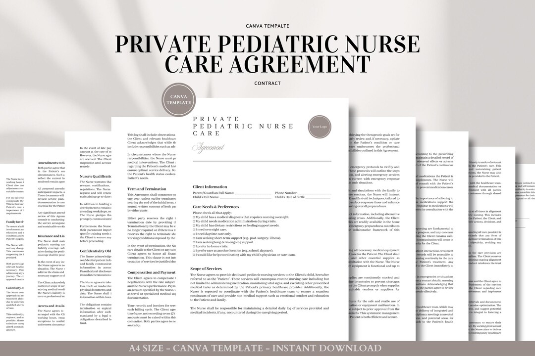 Private Pediatric Nurse Care Agreement Template, Editable Contract for ...