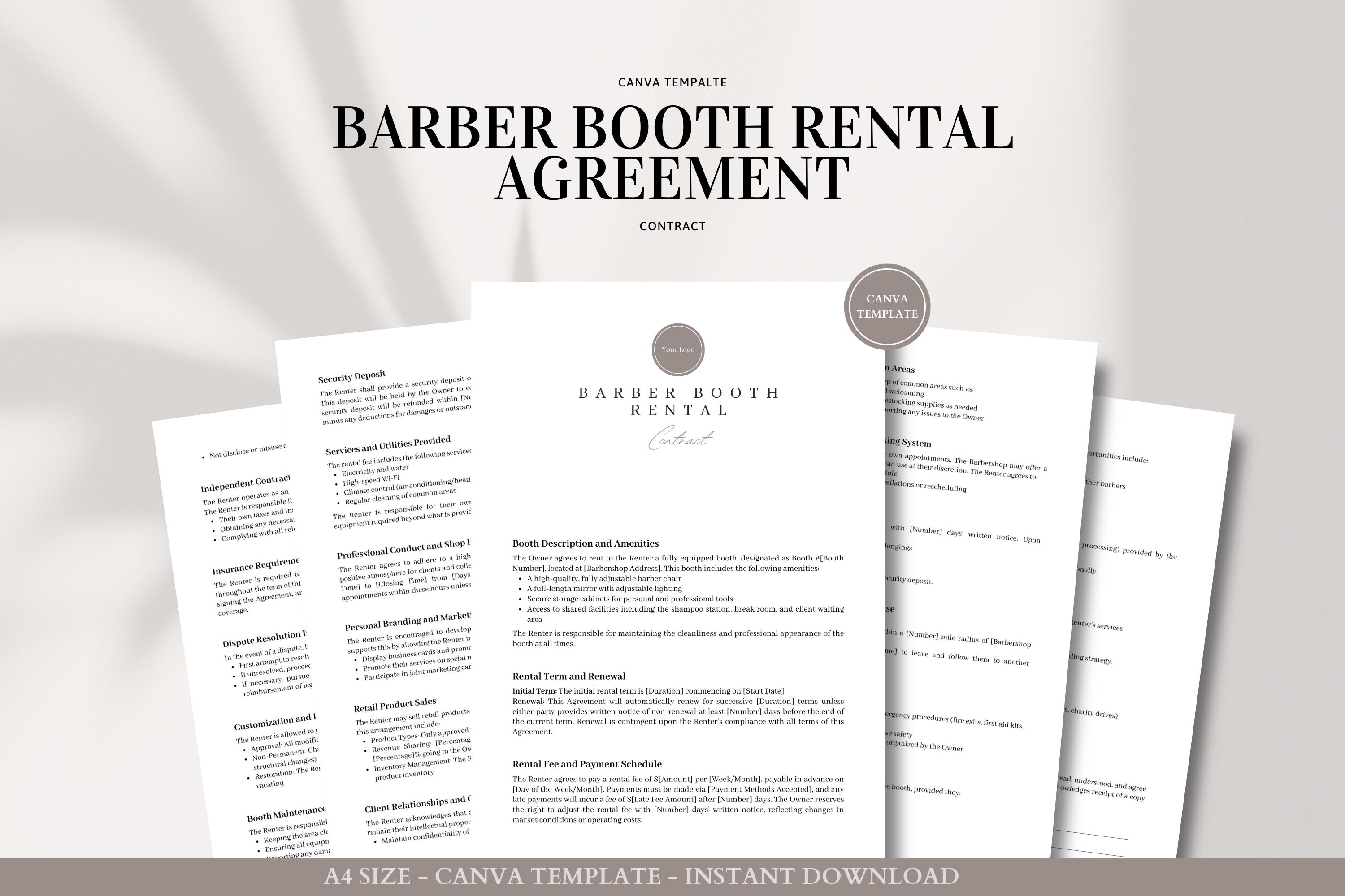 Barber Booth Rental Agreement Template | Editable Canva Contract for ...