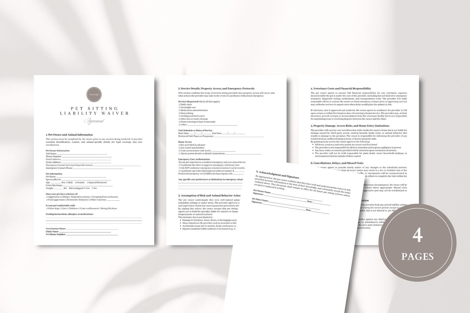 Pet Sitting Liability Waiver Template for Dog and Cat Care, Editable ...