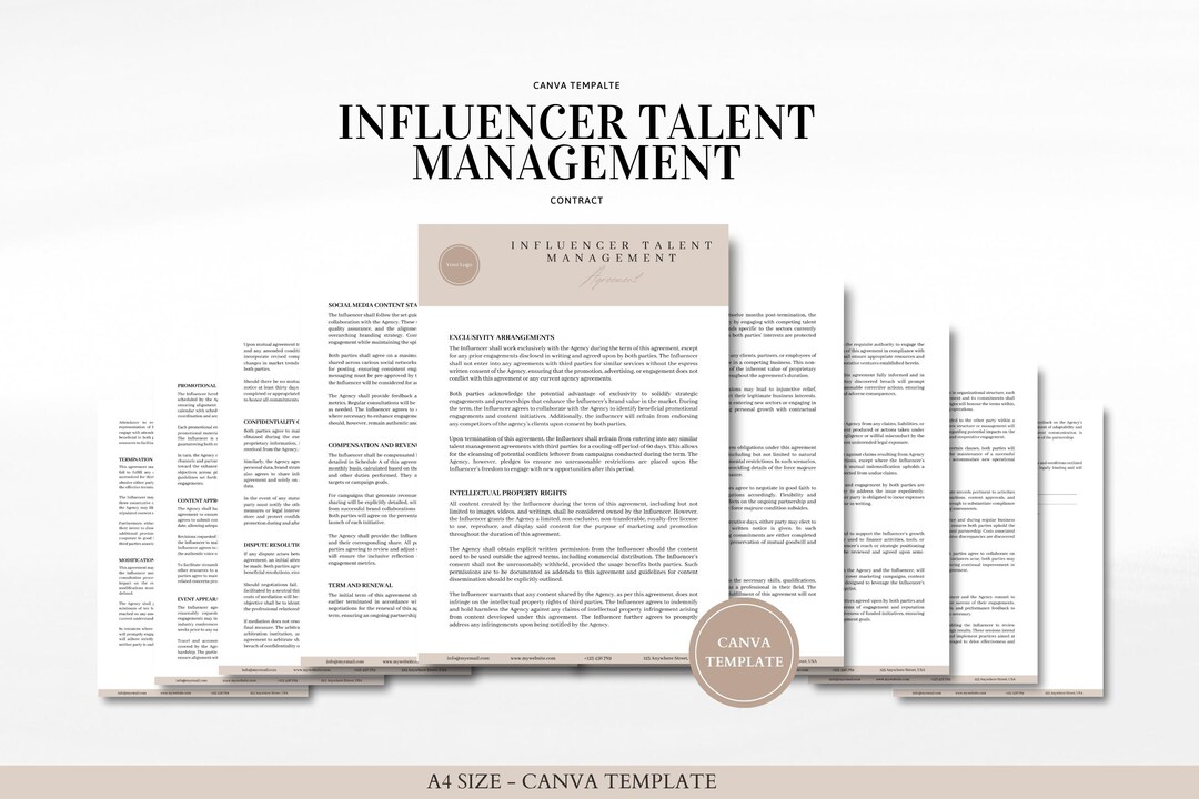 Influencer Talent Management Agreement Contract Template Canva Editable ...