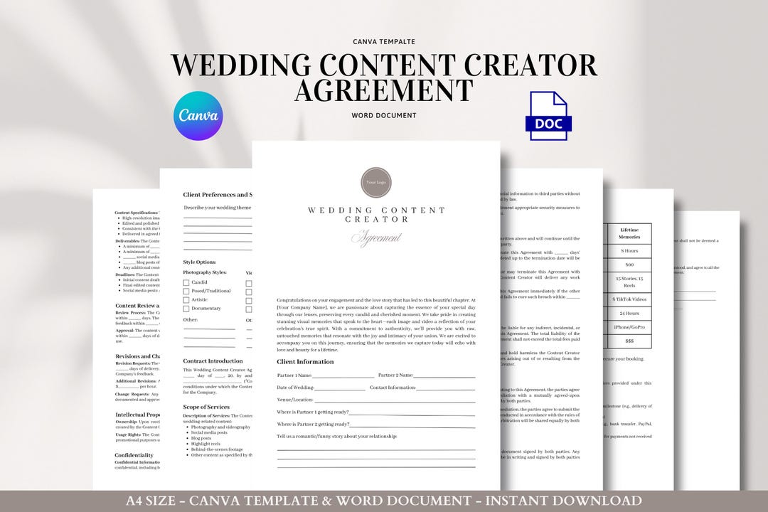 Wedding Content Creator Agreement Template Canva and Word Contract for ...