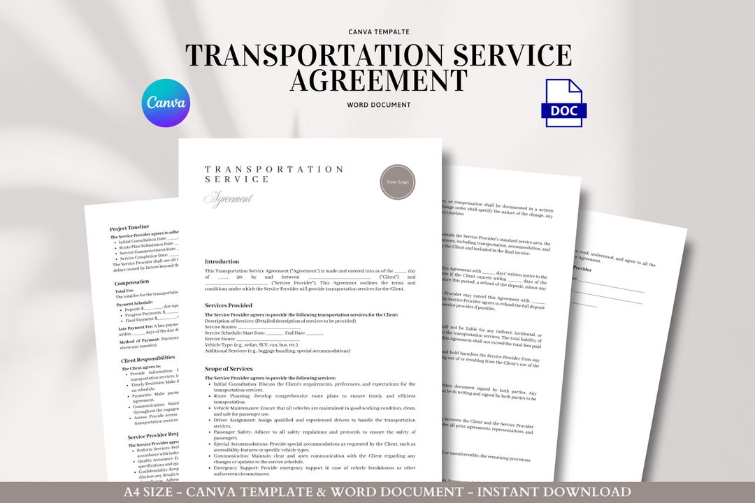 Transportation Service Agreement Editable Contract Template Client ...
