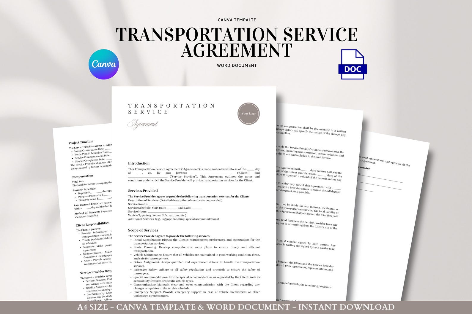 Transportation Service Agreement Editable Contract Template Client ...