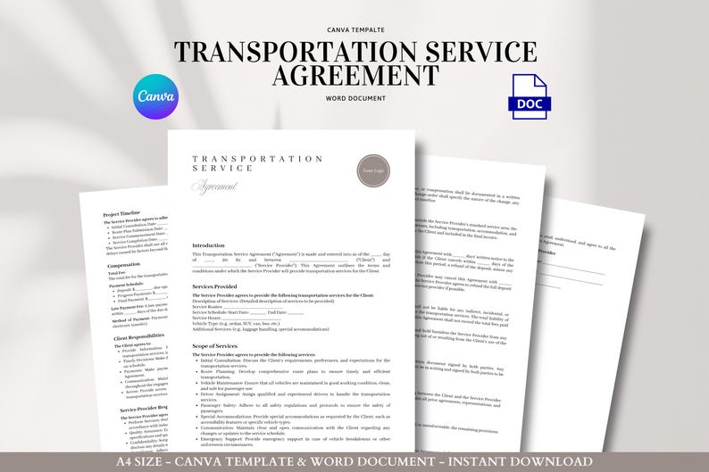 Transportation Service Agreement Editable Contract Template Client ...